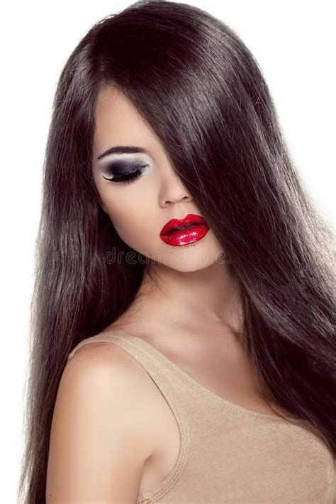 Beautiful Brunette Girl With Healthy Long Hair And Red Lips Fa Stock