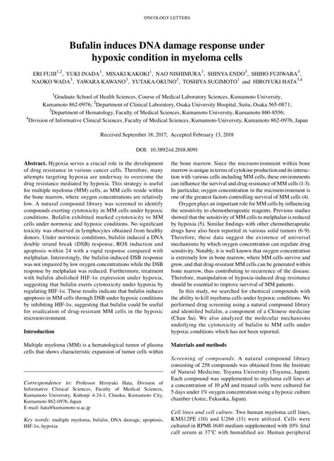 Pdf Bufalin Induces Dna Damage Response Under Hypoxic Condition In