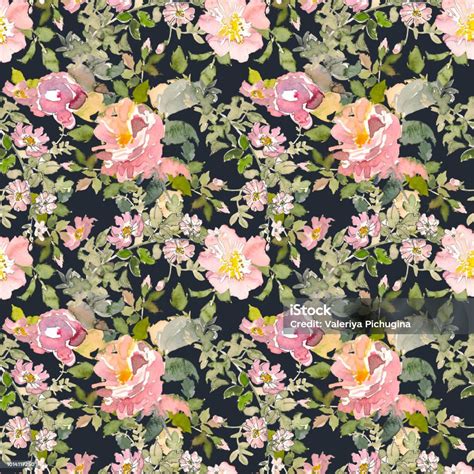 夏の庭黄色とピンクのバラ花のシームレスなパターン暗い背景の水彩画の花のイラスト植物の装飾的な要素花のコンセプトですボタニカのコンセプトです