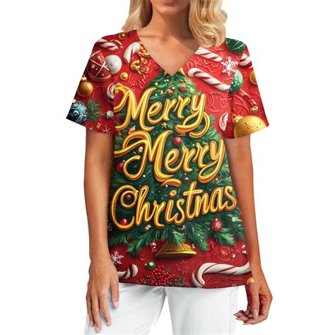 Qcmgmg Christmas Scrub Tops For Women Merry Christmas Print Short