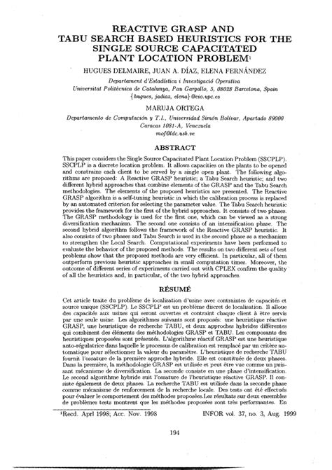 Pdf Reactive Grasp And Tabu Search Based Heuristics For The Single