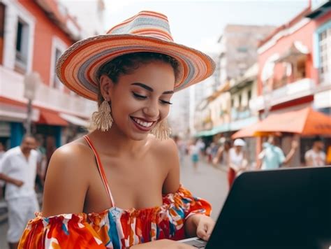 Premium Ai Image Woman From Colombia Working On A Laptop In A Vibrant Urban Setting