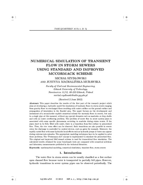 Pdf Numerical Simulation Of Transient Flow In Storm Sewers Using Standard And Improved