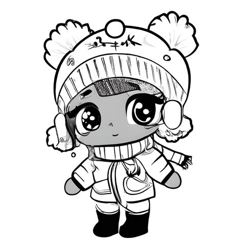 Nursery Art Black Girl Kawaii Chibi Wearing Winter Clothing Cartoon Coloring Page Black And