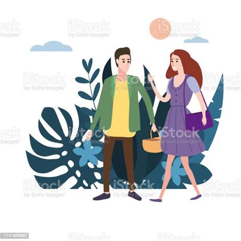 젊은 사랑 하는 부부는 자신의 사업에 손을 잡고 간다 배경 플로 라 꽃 꽃 잎입니다 트렌드 디자인 플랫 만화 고립 된 화려한