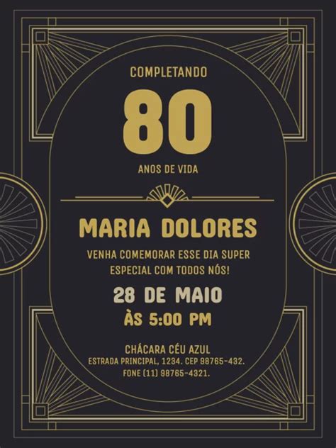 Convite De Aniversário 80 Anos Escuro Edite Online