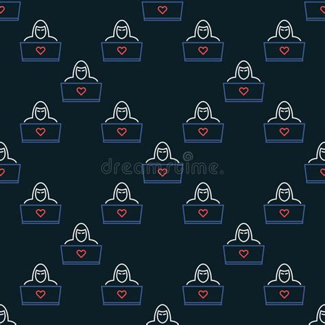 Hacker With Laptop Vector Outline Seamless Pattern Stock Illustration