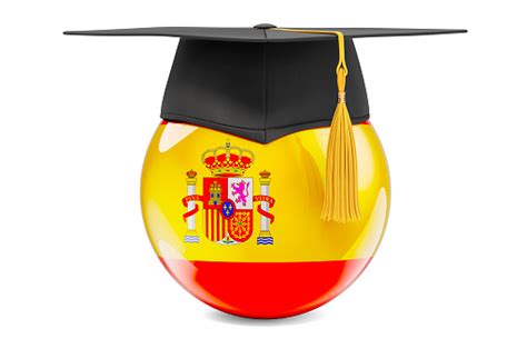스페인 개념교육 졸업 모자가 있는 스페인어 깃발 흰색 배경에서 격리된 3d 렌더링 교습에 대한 스톡 사진 및 기타 이미지 교습 교육 기 Istock