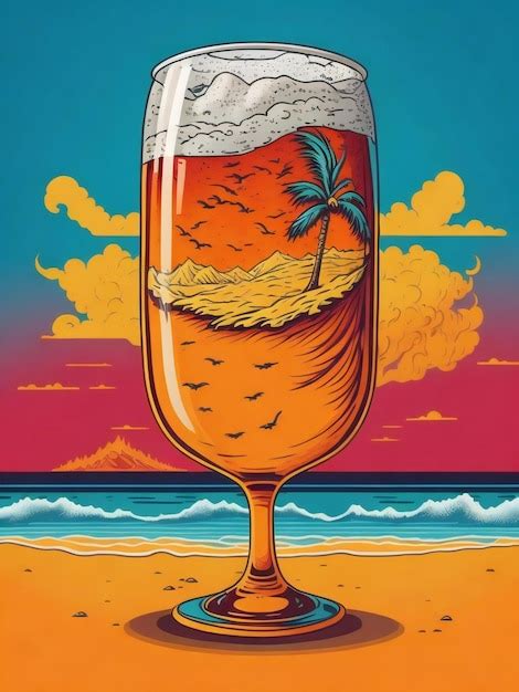 Premium Ai Image A Poster With A Glass Of Beer On The Beach