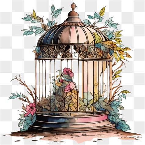 Descarga Jaula de pájaros con flores y plantas Arte ornamental PNG En Línea Creative Fabrica