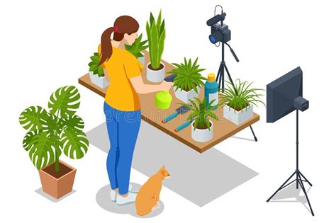 Isometric Video Blogger Planting Flower Gardening And Housework Woman