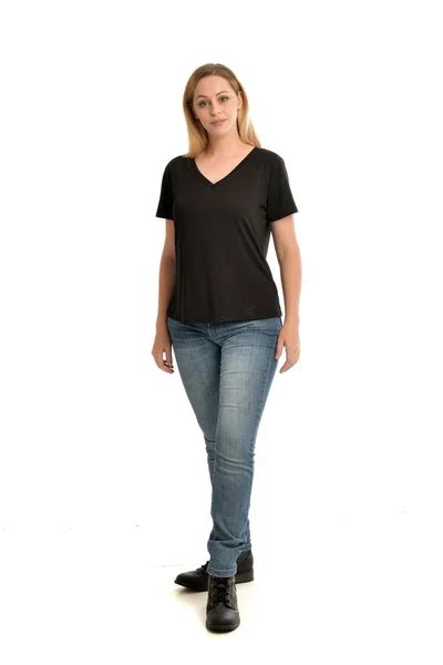 Full Length Portrait Blonde Girl Wearing Basic Black Shirt Jeans ⬇