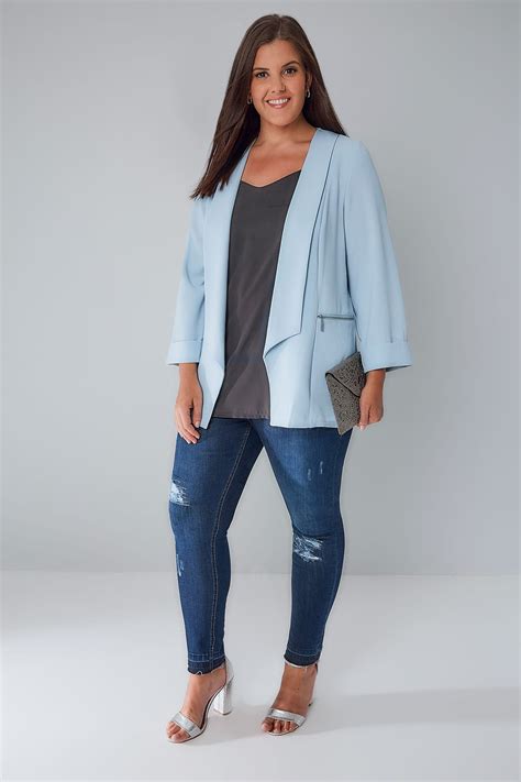 Powder Blue Bubble Crepe Jacket With Zip Pockets Plus Size 16 To 36