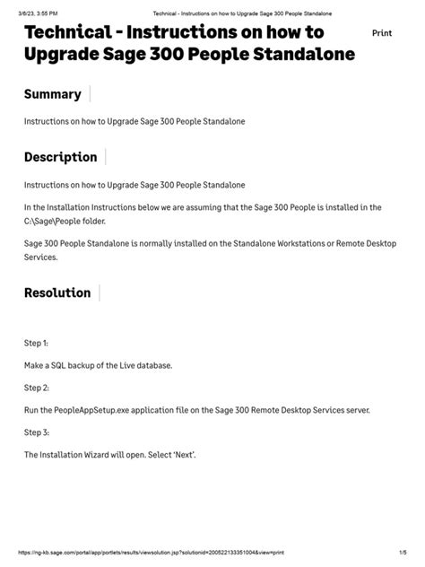 technical instructions on how to upgrade sage 300 people standalone