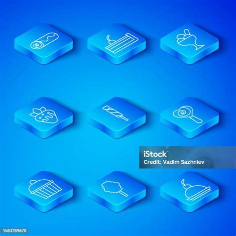 세트 라인 케이크 사탕 솜사탕 롤리팝 그릇에 아이스크림 딸기 초콜릿 초콜릿 롤 케이크 및 체리 치즈 케이크 아이콘 벡터 3차원 형태에 대한 스톡 벡터 아트 및 기타 이미지