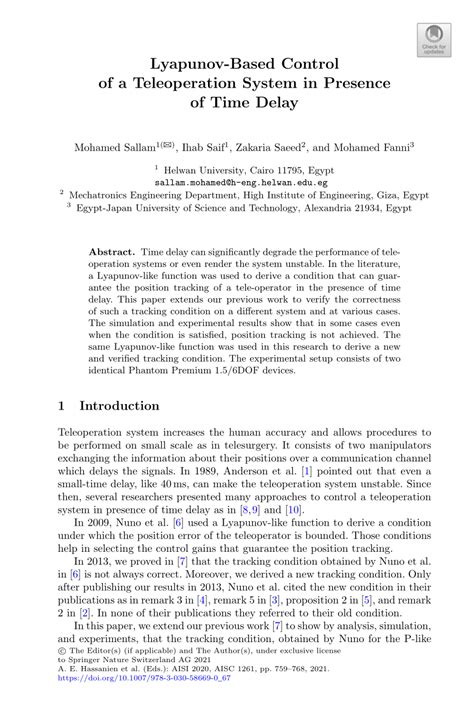 Pdf Lyapunov Based Control Of A Teleoperation System In Presence Of Time Delay