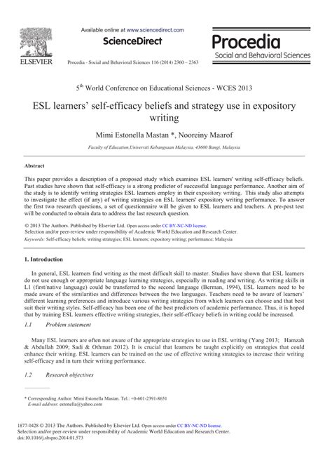 Pdf Esl Learners Self Efficacy Beliefs And Strategy Use In Expository Writing