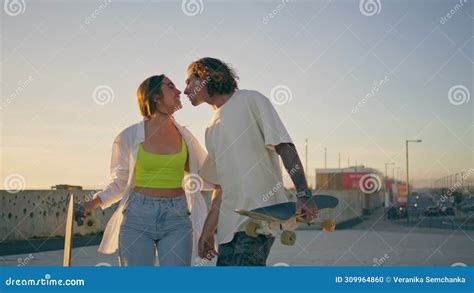 Happy Lovers Walking Summer City Laughing Couple Kissing Together