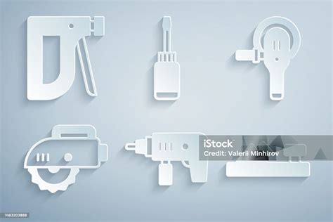 전기 드릴 머신 앵글 그라인더 원형 톱 목재 평면 도구 스크루 드라이버 및 건설 스테이플러 아이콘을 설정합니다 벡터 3차원 형태에 대한 스톡 벡터 아트 및 기타 이미지