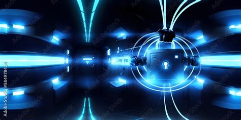Cybersecurity Background Blue Padlock With Connections And Wires Around For Technology Concept