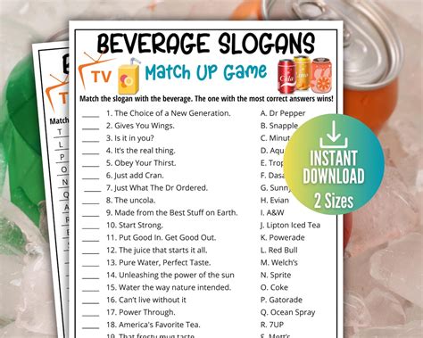 Beverage Slogan Trivia Game Ad Slogan Match Up Quizprintable Tv