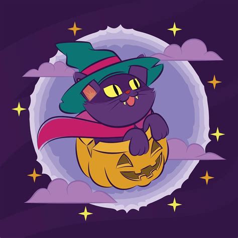Halloween Cartoon Hand Drawn Background Illustration Cute Witch Cat