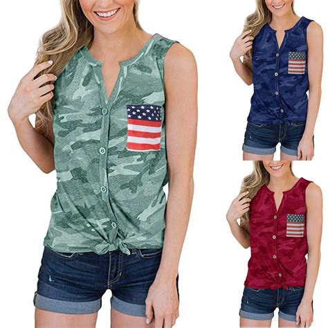 Women Tops 2019 Womens Casual Camouflage Tank Tops American Flag Button