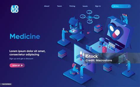 의학 개념 등소 랜딩 페이지 과학자들은 의약품을 개발하고 실험실 약국 산업 헬스케어 3d 웹 배너 템플릿에서 연구를 수행합니다 플랫 디자인의 인물 장면과 벡터 일러스트레이션