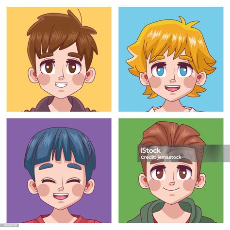 Vetores De Grupo De Quatro Meninos Bonitos Meninos Adolescentes Mangá