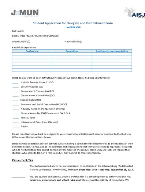 Student Application For Delegate And Commitment Doc Template PdfFiller