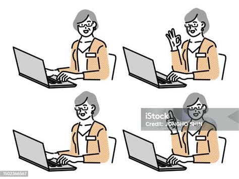 다양한 포즈로 노트북에 앉아 일하는 비즈니스 여성들의 벡터 삽화 세트 가상현실에 대한 스톡 벡터 아트 및 기타 이미지 가상