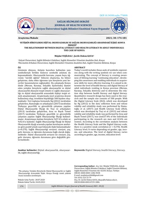 Pdf YetİŞkİn Bİreylerde Dİjİtal Okuryazarlik Ve SaĞlik OkuryazarliĞi