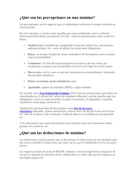 Qué Son Las Percepciones En Una Nómina Pdf Salario Impuesto Sobre
