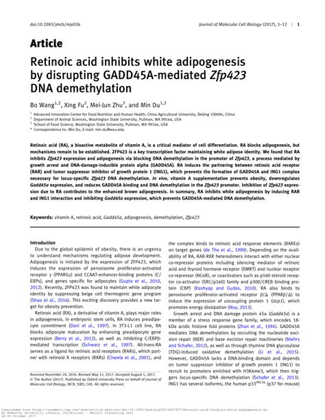 Pdf Retinoic Acid Inhibits White Adipogenesis By Disrupting Gadd45a