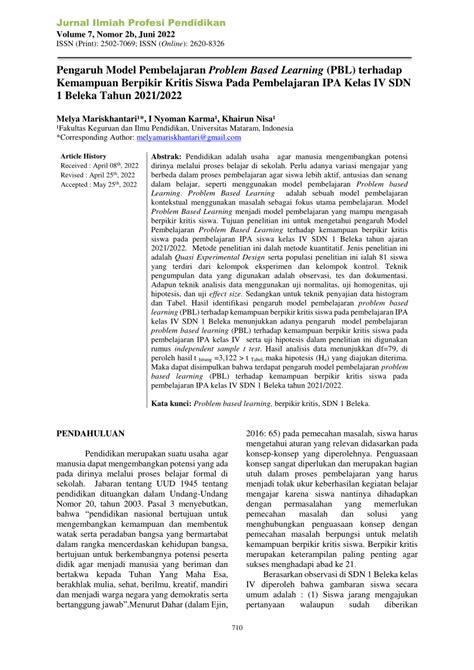 PDF Pengaruh Model Pembelajaran Problem Based Learning PBL Terhadap Kemampuan Berpikir
