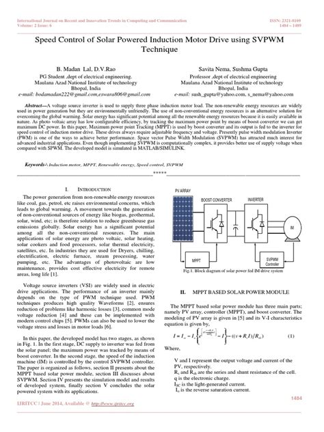 speed control of solar powered induction motor drive using svpwm