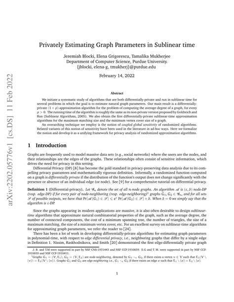 Pdf Privately Estimating Graph Parameters In Sublinear Time