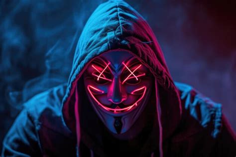 Premium Photo Portrait Of An Anonymous Man Hacker Wearing Neon Mask