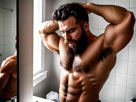 Premium Ai Image Hairy Shirtless Muscular Guy Flexing Biceps Looking Down