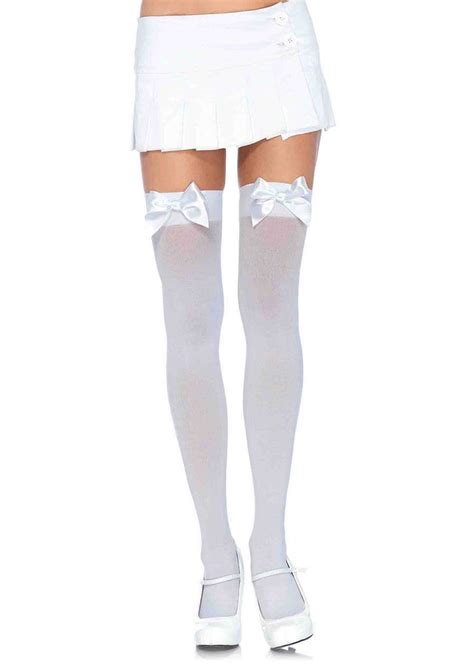 Bow Thigh High Stockings Opaque White With White Satin Bows Etsy