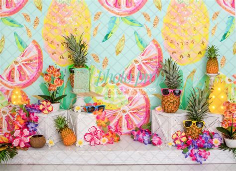 Tropical Fruit Photography Backdrop Flowers Hibiscus Pineapples