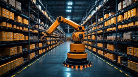 Automation In A Modern Warehouse With Robotic Arm Managing Inventory And Optimizing Storage