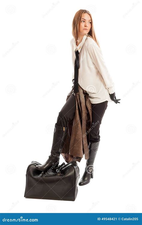 Female Model Stepping On Black Leather Bag Stock Image Image Of Jacket Background 49548421