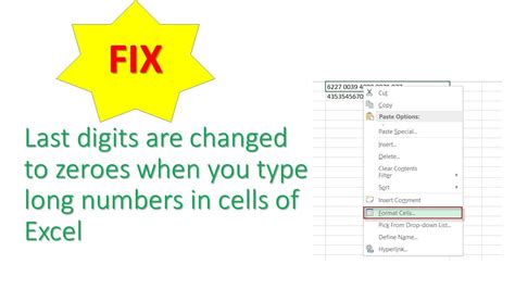 how to fix last digits in cells of excel youtube