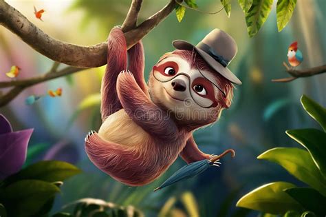 Playful Cartoon Sloth Hanging From A Tree Branch Stock Illustration Illustration Of Branch