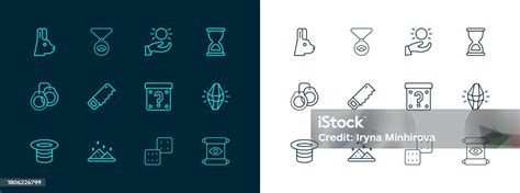 세트 라인 오래 된 모래 시계 마법 가루 미스터리 상자 게임 주사위 손톱 손 위에 떠 있는 공 귀와 사슬 눈 아이콘에 메달리온 벡터 가공의 인물에 대한 스톡 벡터 아트 및