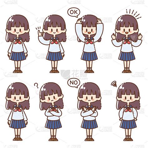 穿着制服的女孩摆出各种各样的姿势