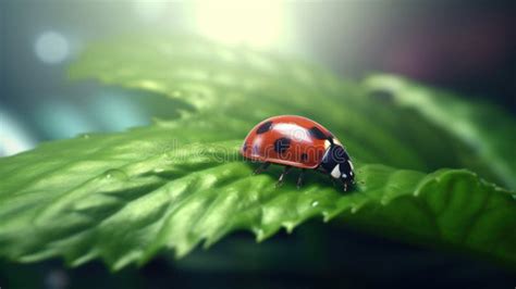 Ladybug Walking On Green Leaf In The Morning 3d Illustration Generative Ai Stock Illustration