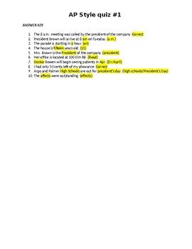 AP Style Quiz 1 By Melissa Brown TPT
