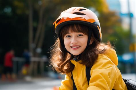 Premium Photo Woman Wearing Helmet And Riding Bike On Street